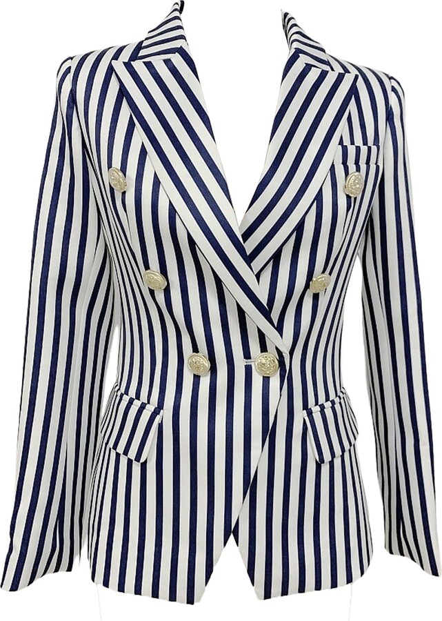 Cdkoke Women's Blazer Stripe Suit Coat Peak Lapel Single Jacket for ...