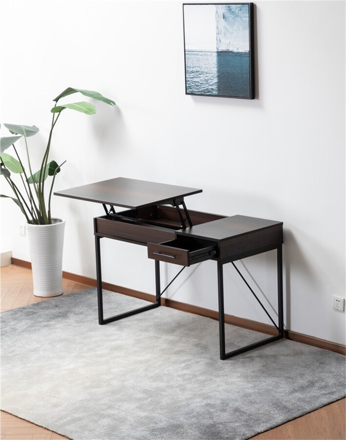 TONWIN Dark Brown Wood Lift Top Desk with Hidden Storage and Drawer ...