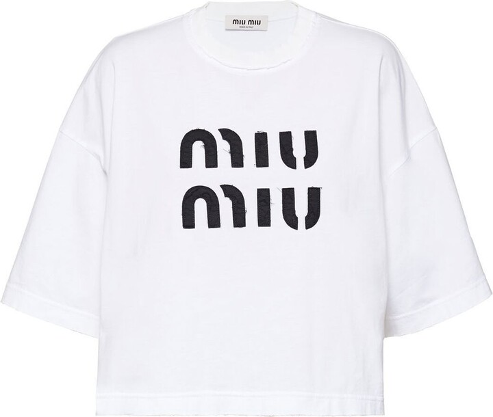 Miu Miu logo embroidered cropped T-shirt - ShopStyle Tops