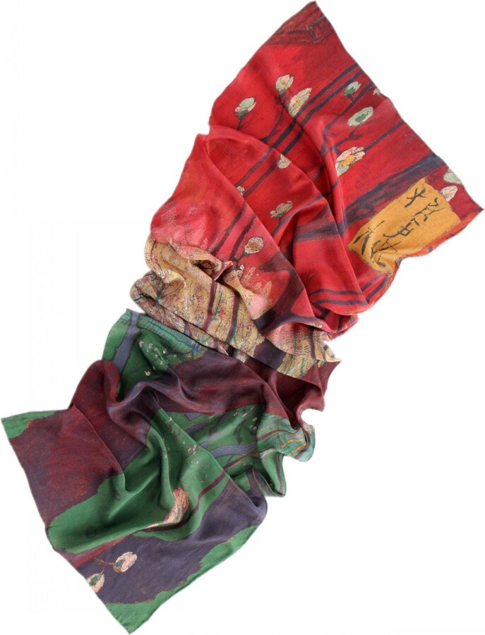 Prettystern Pure Silk long Scarf red green ukiyo Japanese Art Hiroshige ...