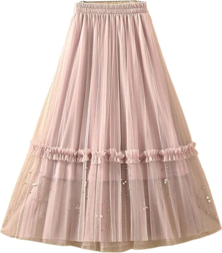 HZCRAES Tulle Long Skirt - Beaded Hem Gentle Mesh Pleated Skirt - ShopStyle