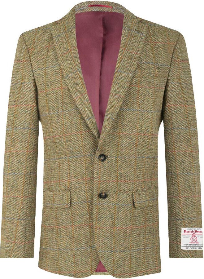 Dobell Harris Tweed Mens Green Jacket Regular Fit 100% Wool Notch Lapel Herringbone Windowpane ...