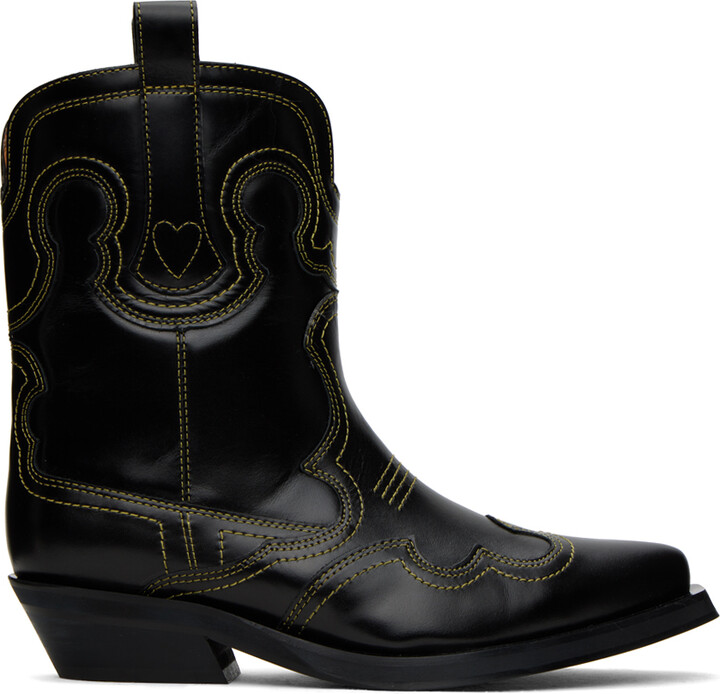 Ganni Black Low Shaft Embroidered Western Boots - ShopStyle