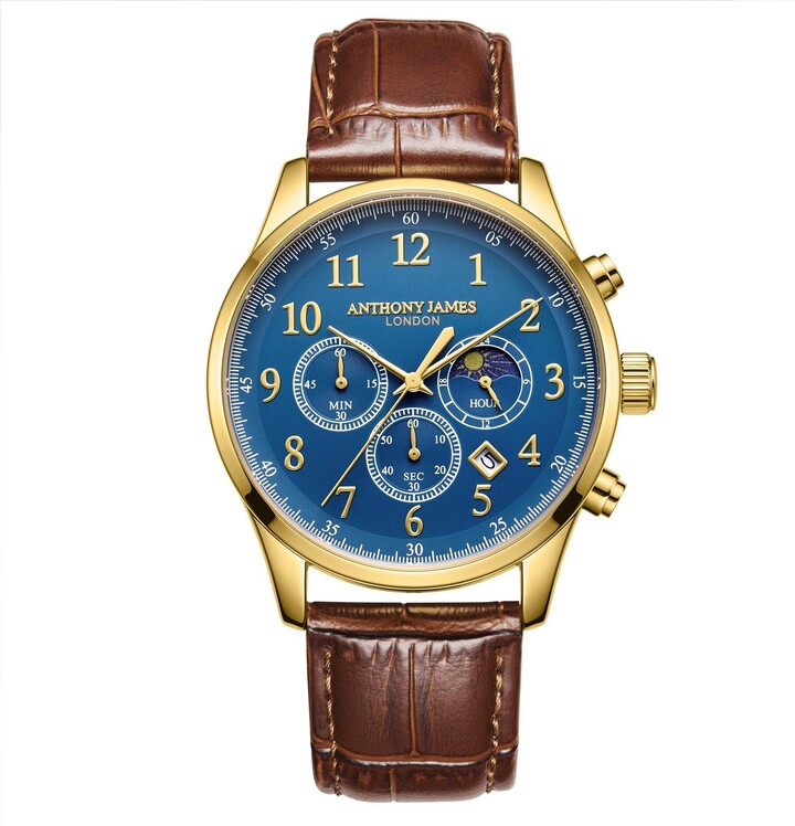 Anthony James Hand Assembled Moonphase Chronograph Gold Blue Watch ...