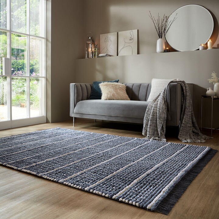 Dunelm Ribbed Geometric Striped Shaggy Rug Blue - ShopStyle