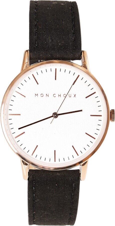 Mon Choux Classic White Rose Gold Watch In Black Cork Leather - ShopStyle