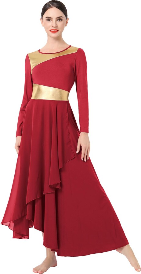 IMEKIS Women Lyrical Dance Dress Metallic Gold Liturgical Praise Dancewear Long Sleeve Chiffon ...