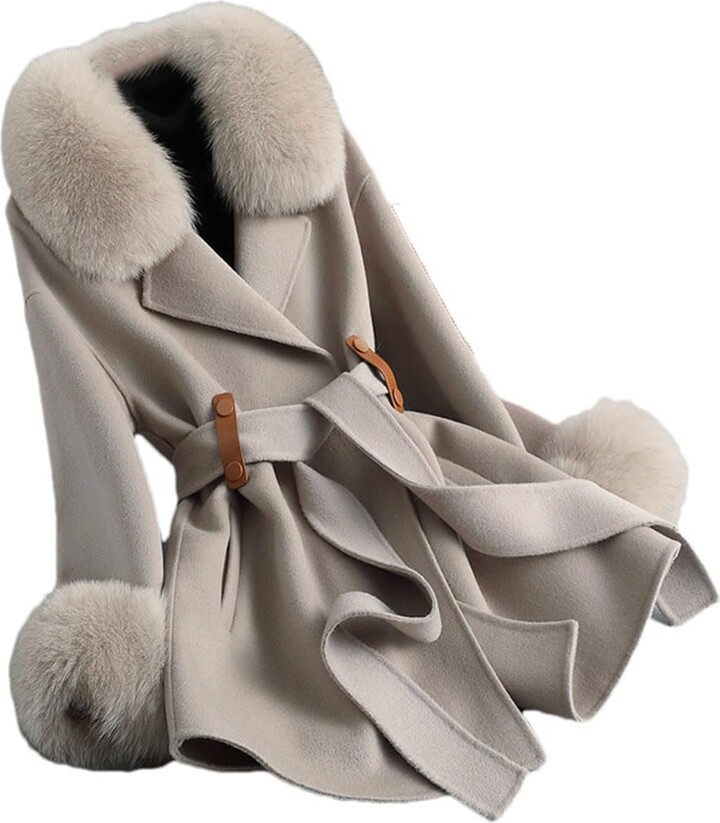 Ownwfeat Women Cashmere Fur Coat Fur Collar Cuff Fur Trench Female ...