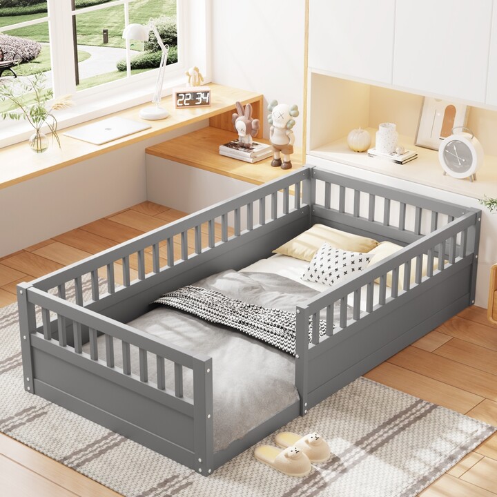 Simplie Fun Twin Floor Bed Frame with Fence, Wood Kids Floor Beds Frame ...