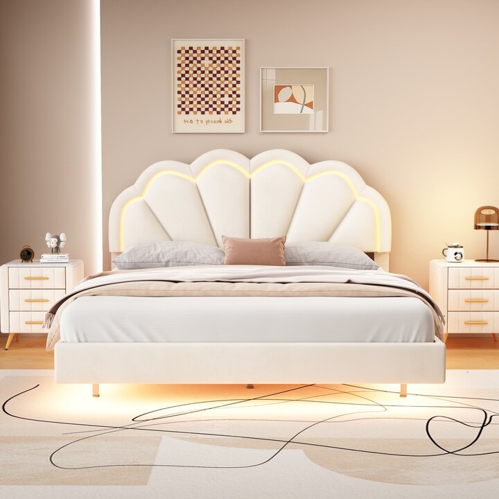 Platform Bed Queen Upholstered With Sensor Light & Floating Design ...