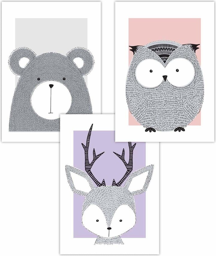ARTZE Set of 3 Nursery Scandi Sketch Forest Animals in Pink Lilac Grey ...