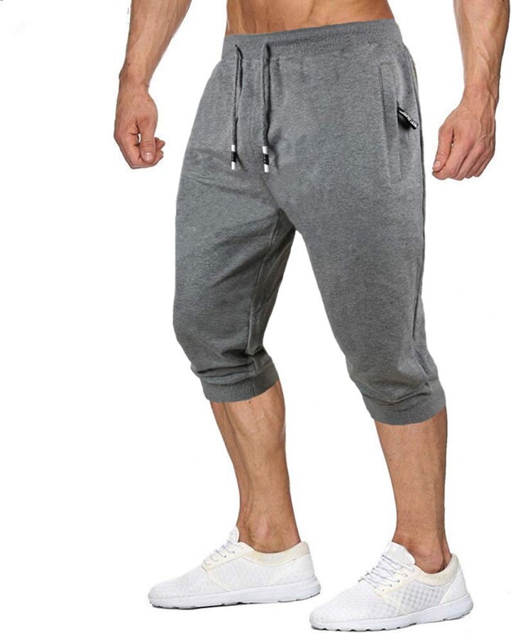 MANSDOUR Men's Jogger Capri Pants 3/4 Workout Gym Sweatpants Cotton ...