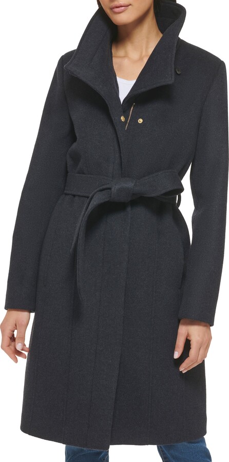 Cole Haan Slick Belted Wool Blend Faux Wrap Coat - ShopStyle