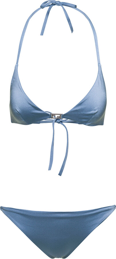 Fendi Light Blue Bikini With Triangle Top And Ff Buckle In Shiny Lycra