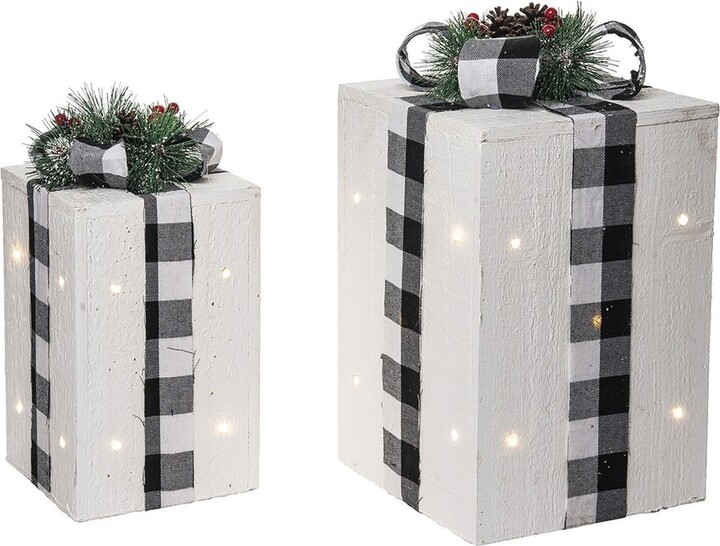 Transpac Wood 12.5In Multicolored Christmas Light Up Buffalo Check Bow ...