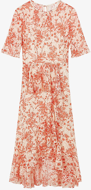 LK Bennett Womens Mul-red Thea Floral-print Silk-blend Midi Dress - ShopStyle