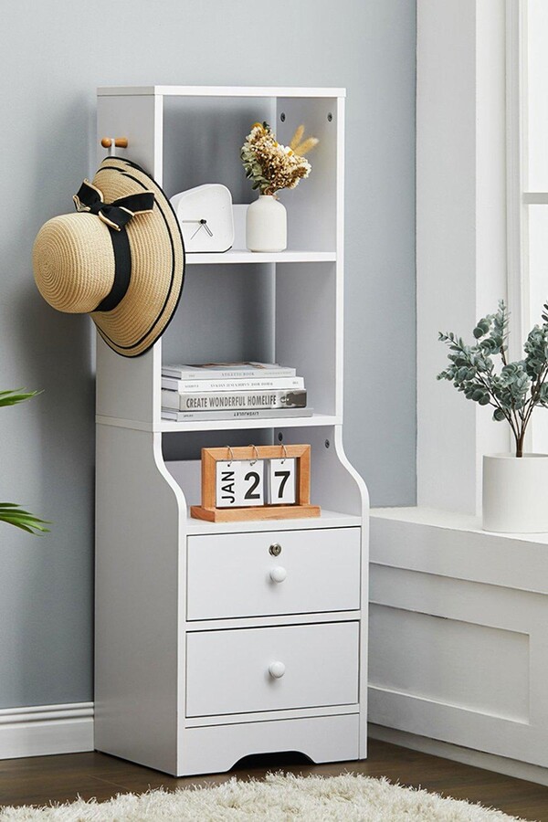 Living and Home Slim Storage Shelving Unit with Lockable Drawer with 3 ...