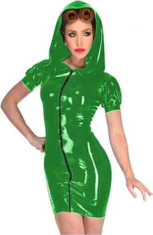 VALBEL Women Latex PVC Hooded Mini Dress Sexy Zipper Front Bodycon ...