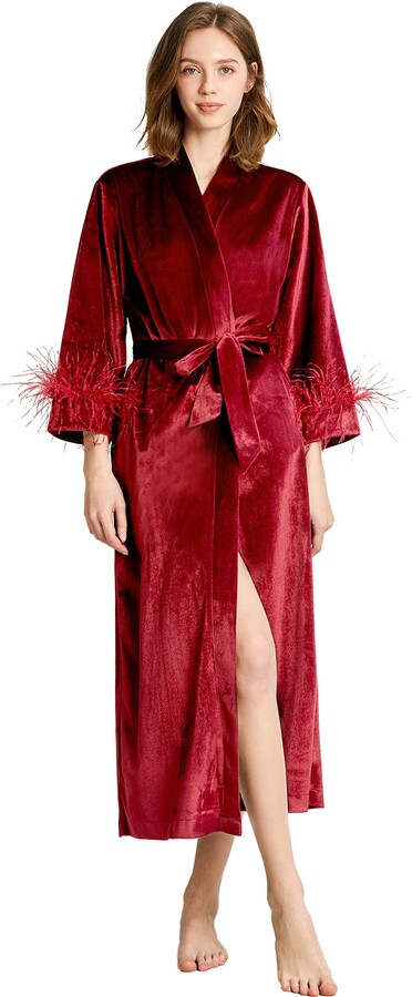 BABEYOND Women Long Velvet Robe with Ostrich Feather Trim Soft Warm ...