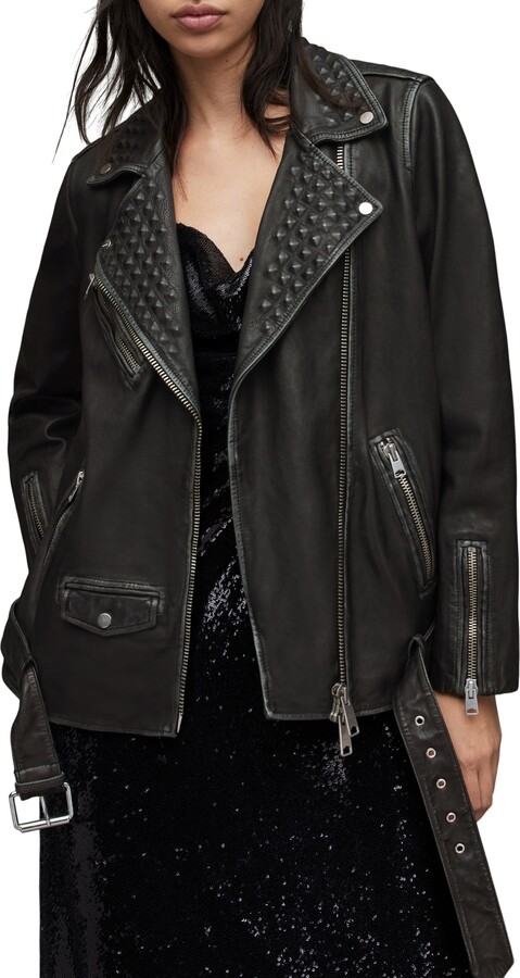 AllSaints Billie Studded Oversize Leather Biker Jacket - ShopStyle