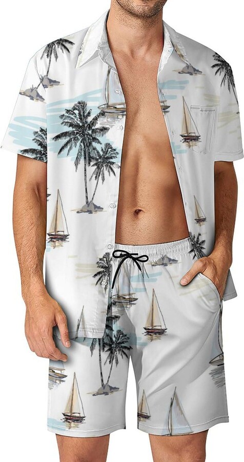 XJLAPWS Button-Down Shirt And Short Set Coconut Palm Trees Men's Summer ...