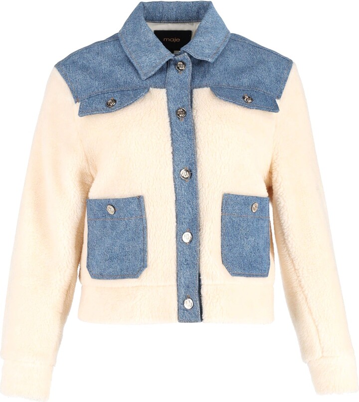 Maje Bamia Denim Trim Faux Fur Jacket in Cream Wool - ShopStyle