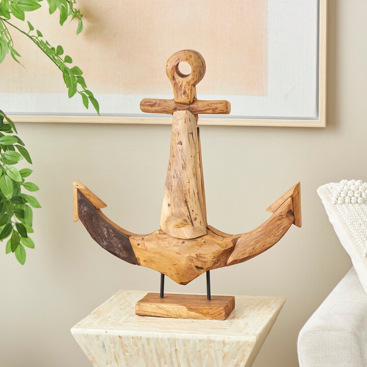 Studio 350 Brown Teak Wood Handmade Anchor Sculpture with Mosaic Live ...