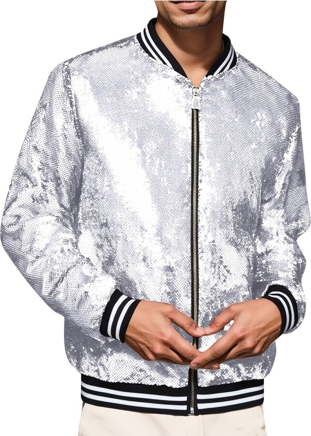 Faonkeew Sequin Jacket Men's Metallic Night Club Zip Baseball Bomber ...