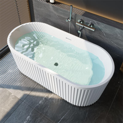 HOROW 67'' x 31.5'' Freestanding Soaking Acrylic Bathtub with Stripe ...