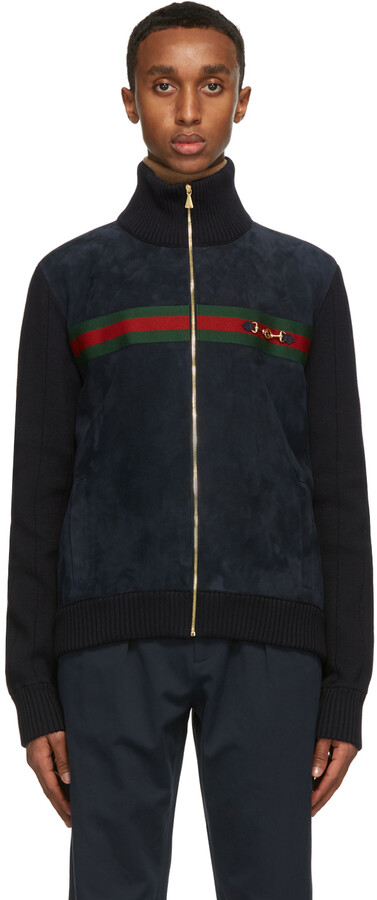 Gucci Navy Suede & Knit Bomber Jacket - ShopStyle