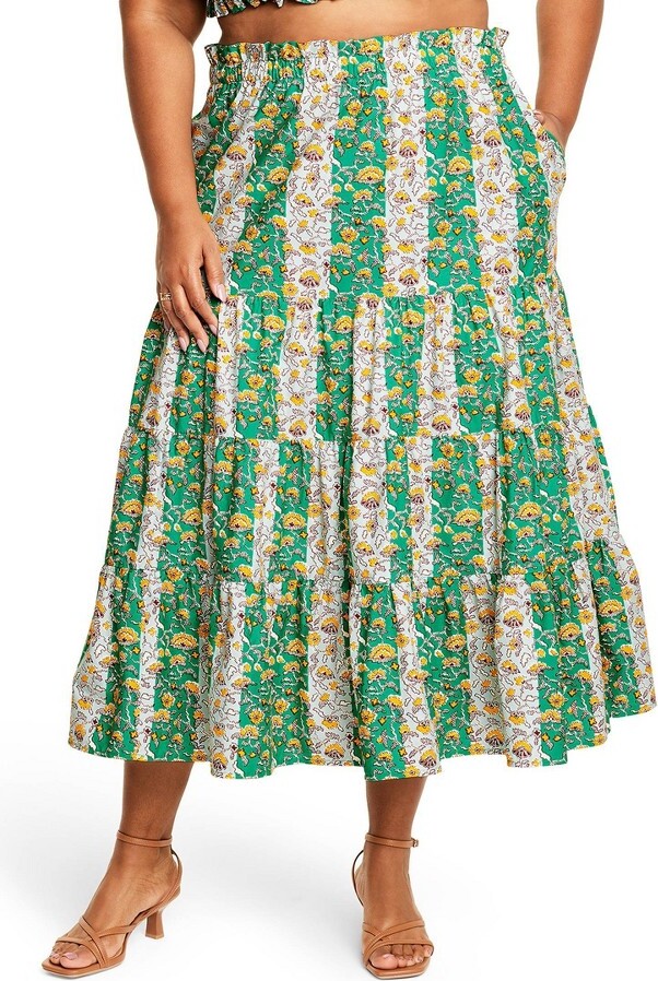 Women's Mixed Whimsical Floral & Stripe Print Midi Skirt - RHODE x ...