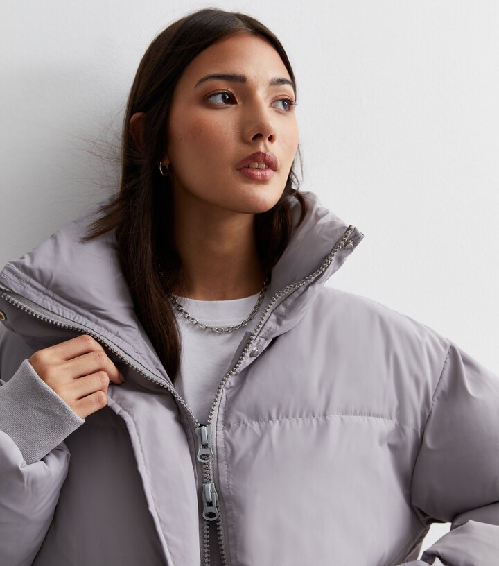 Gini London Silver High Neck Long Puffer Coat - ShopStyle