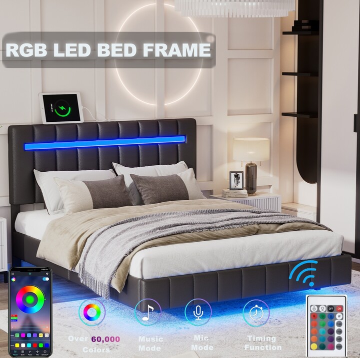 Floating Bed Frame with LED Lights and USB Charging,Modern Upholstered ...