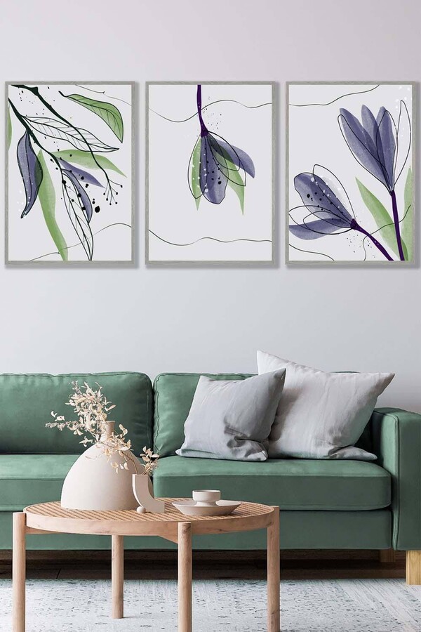 ARTZE Set of 3 Light Grey Framed Graphical Line Art Spring Tulips Wall ...