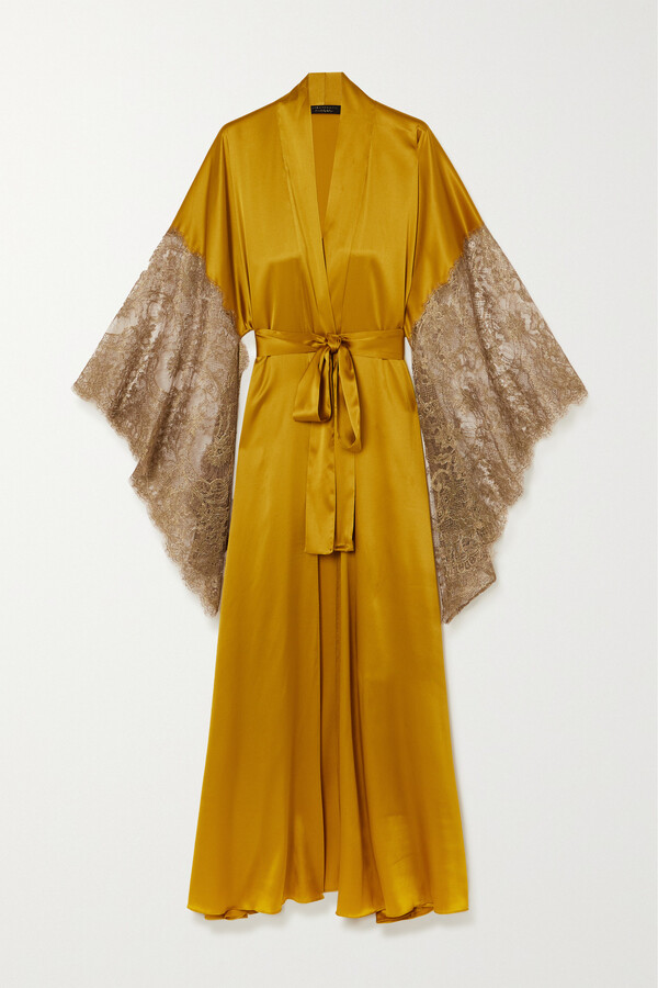 Rosamosario - Golden Hour Belted Metallic Lace-trimmed Silk-satin Robe ...