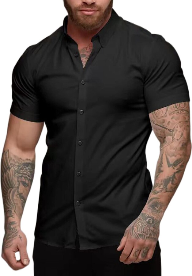 Elanbells Men's Muscle Fit Dress Shirts Slim Fit Button Down Short Sleeve Shirts - ShopStyle