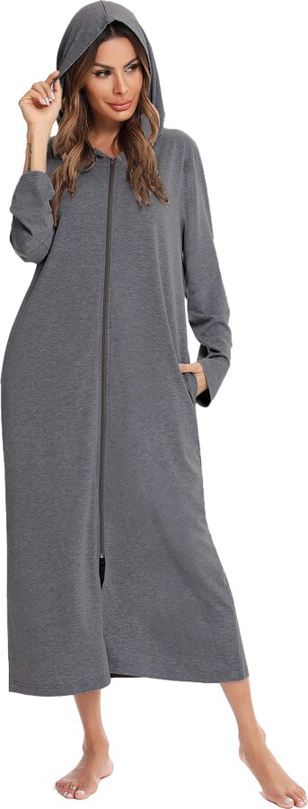 Veseacky Womens Robe Zipper Front Full Length Soft Housecoat Hooded ...