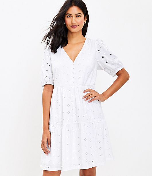 LOFT Petite Eyelet Puff Sleeve Button Tiered Swing Dress - ShopStyle