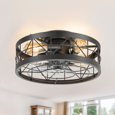 17 Stories Lyndzee 17" 7-Blade Indoor Enclosed Caged Black Flush Mount ...