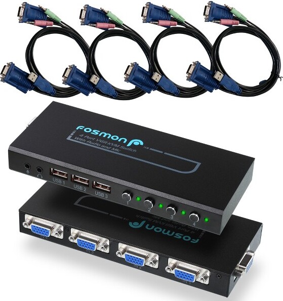 Fosmon 4-Port VGA KVM Switch 4 Computers 1 Monitor + 4 VGA Cables, 3 ...