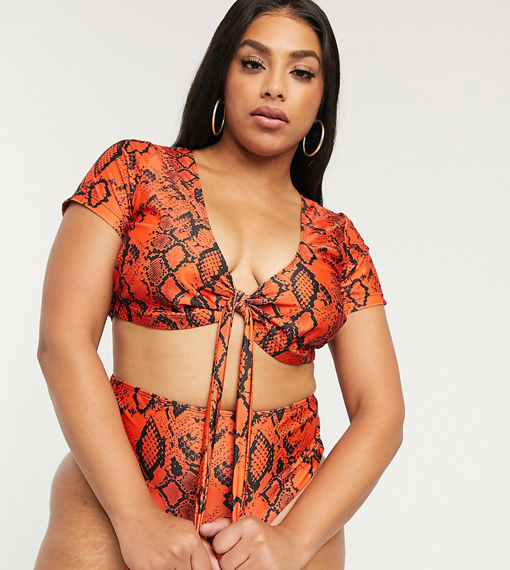 Wolf & Whistle Curve Exclusive Eco long sleeve bikini top in red snake - ShopStyle Two Piece ...