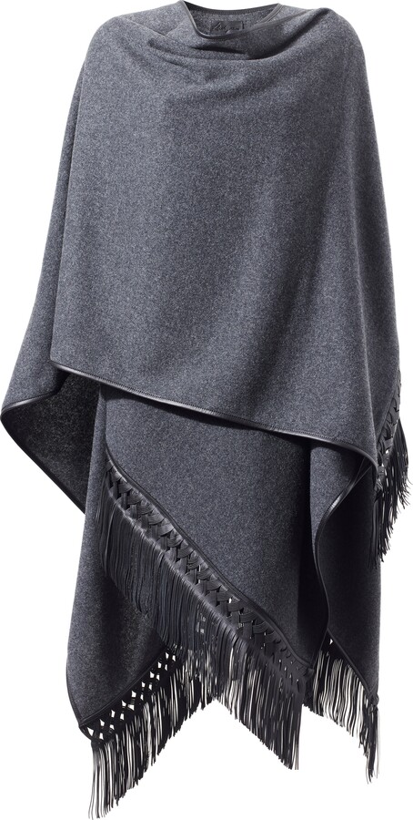 Fameed Khalique Ltd - Cashmere Cape With Braided Leather Fringe - Black ...