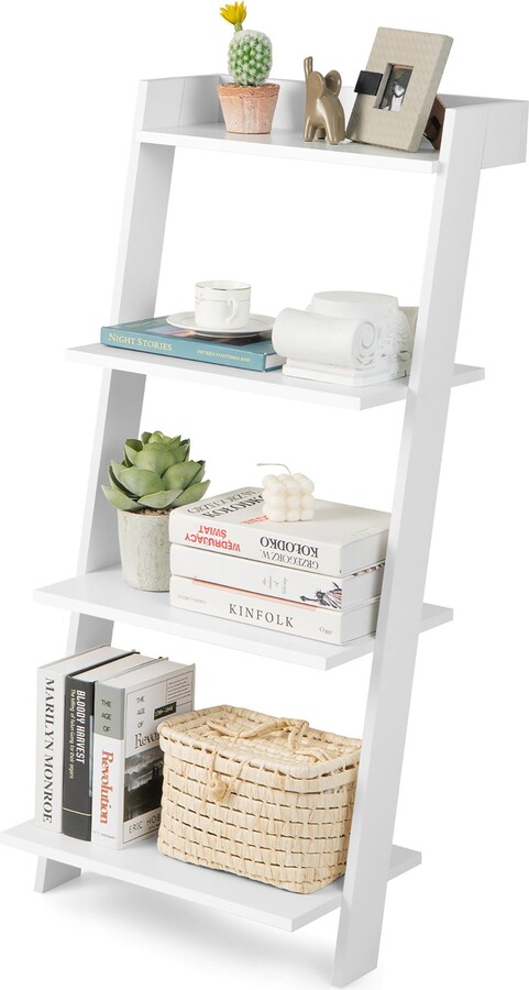 4Tier Ladder Shelf Leaning Bookshelf Anti-falling Baffle Wood Bookcase ...