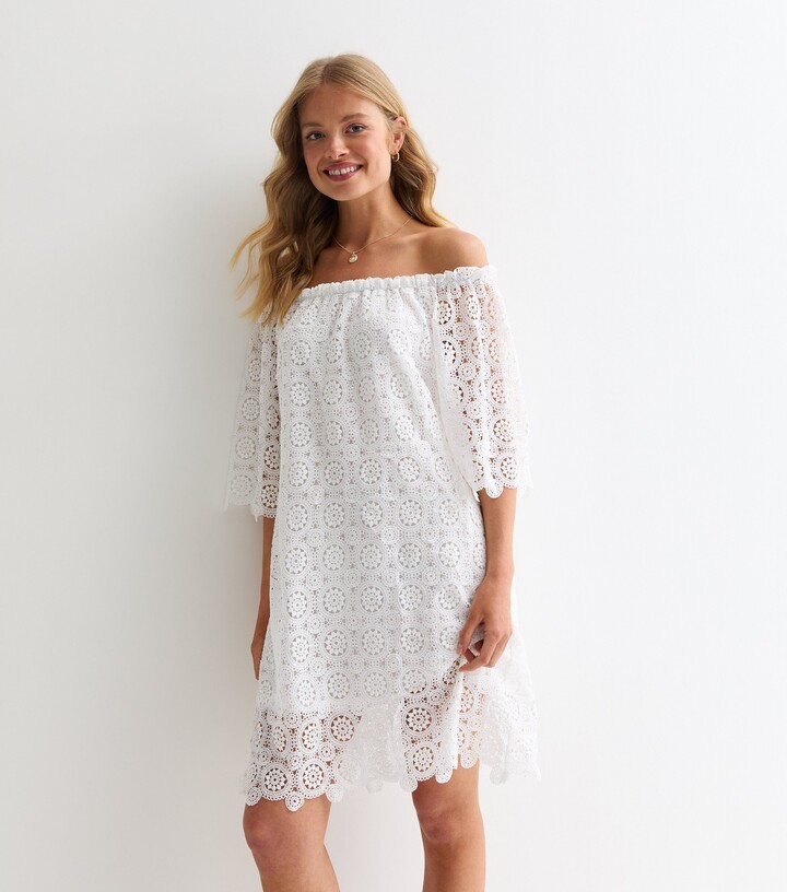 Gini London White Lace Bardot Mini Dress - ShopStyle