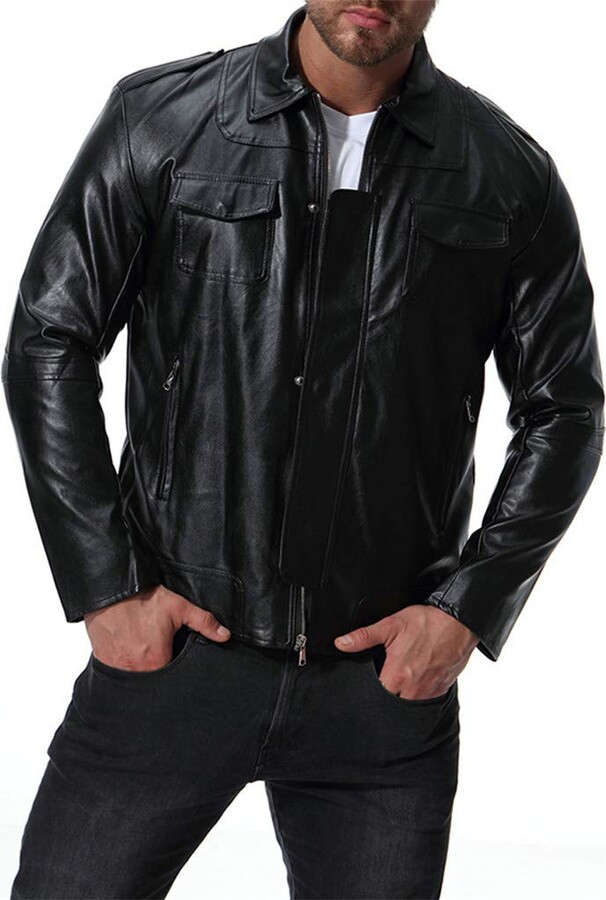 NC Faux Leather Jacket Men Slim Fit Lapel Collar PU Distressed ...