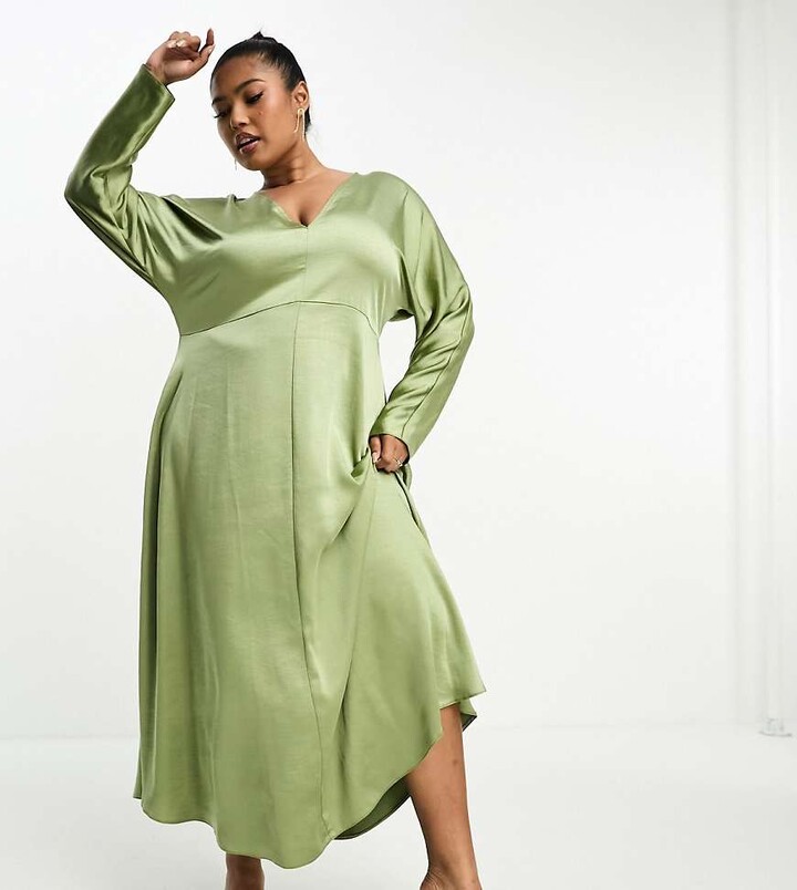 ASOS Curve ASOS DESIGN Curve satin v neck long sleeve midi dress in sage - ShopStyle