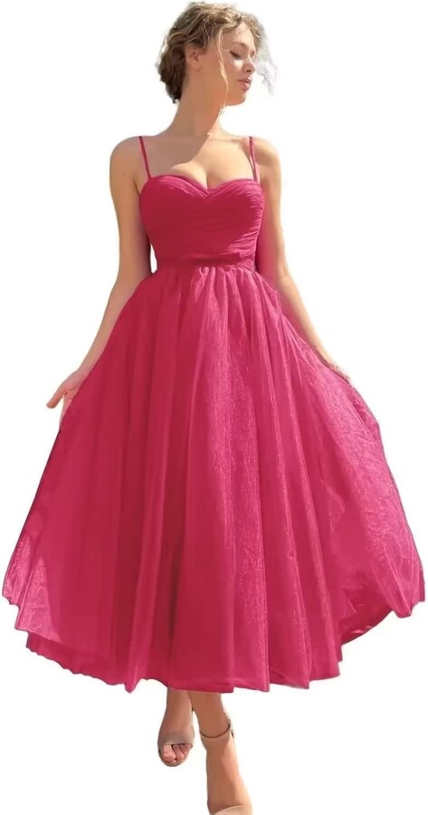 Generic Tulle Tea Length Prom Dresses Sweetheart Spaghetti Straps ...