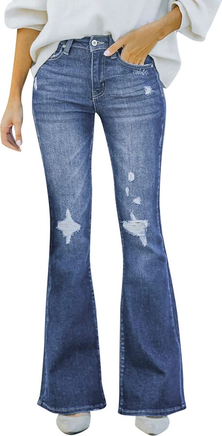 CTRLZS Womens Ripped Flared Jeans UK High Waisted Stretch Retro Washed ...