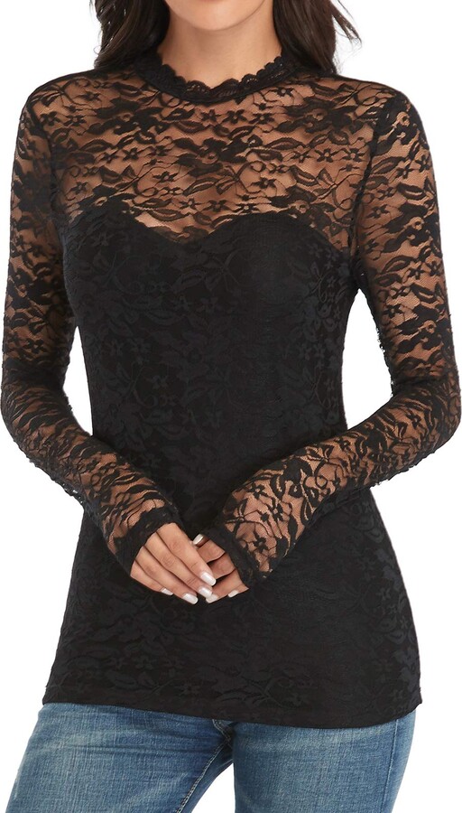 Dilgul Women Sexy Lace Mesh Transparent Top Women Sheer Mesh Long ...