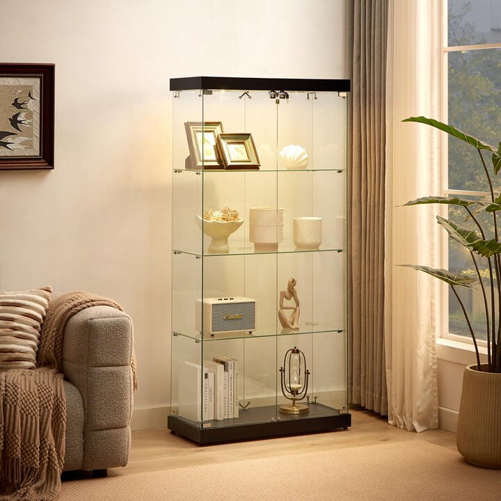 Jintop 4-Tier Glass Display Cabinet with Double Door and Wheels ...